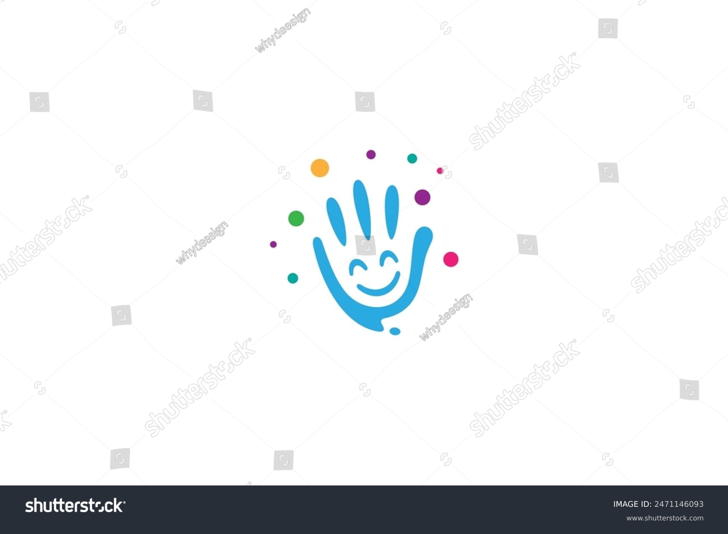 smiling child hand logo with decorated colorful bubbles in flat vector ...