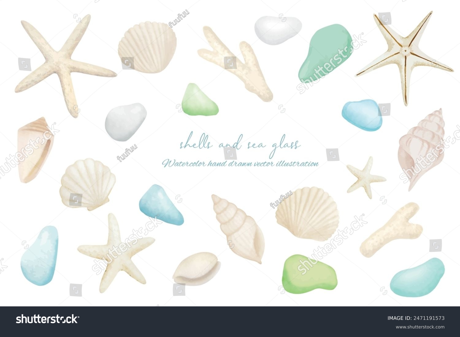 Frame of colorful Tanashi grass and white seashells painted in ...