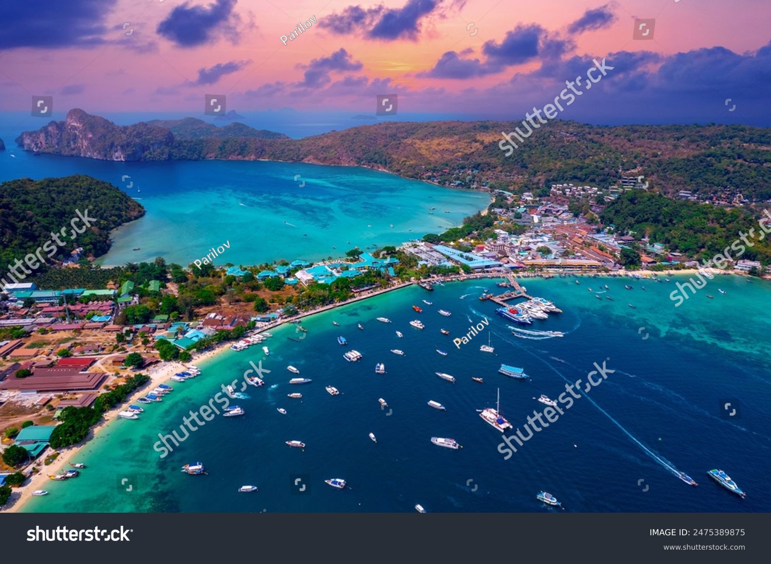 Aerial view sunset Phi Phi island in Andaman Sea from drone in Province of Krabi travel landmark ...