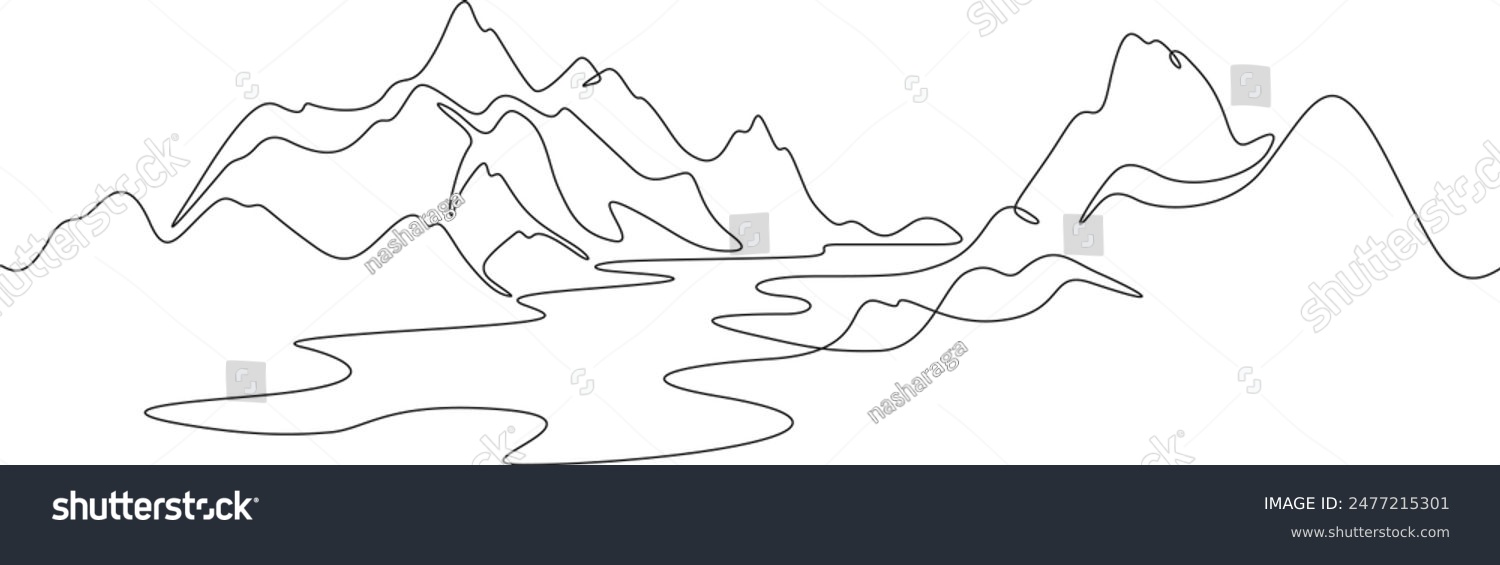 One continuous single drawing line art flat doodle mountain lake ...