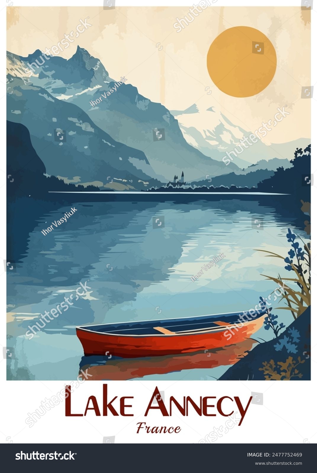 Lake Annecy Poster Ilustration Travel Print Decor Gift Paper Canvas ...