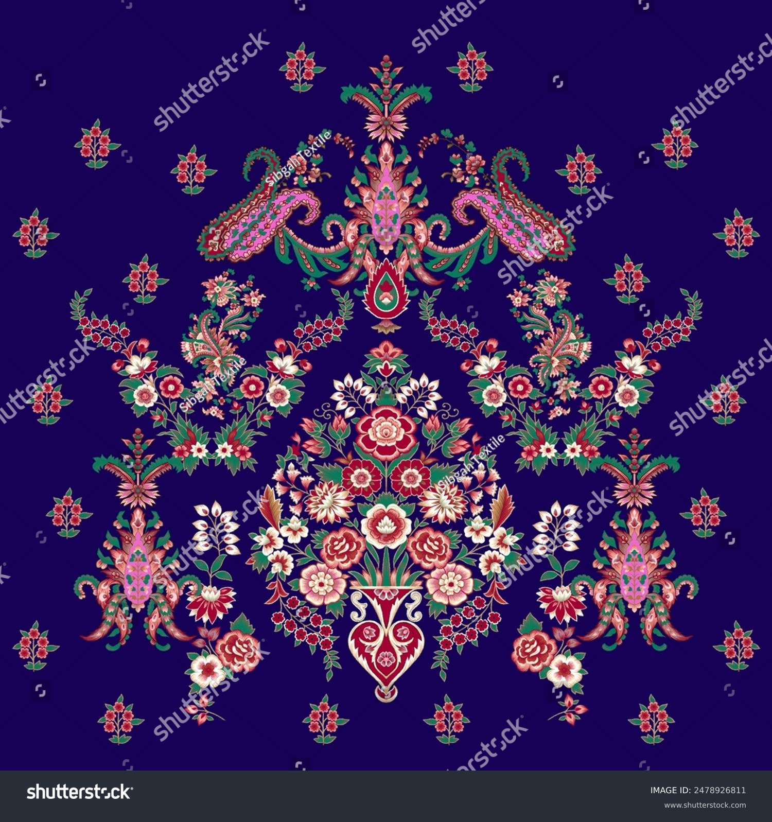 Traditional Mughal ethnic Indian design colorful chintz floral paisley ...