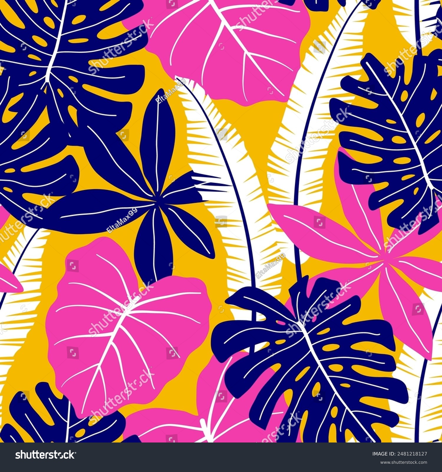 Abstract seamless tropical pattern with bright plants and leaves on a ...