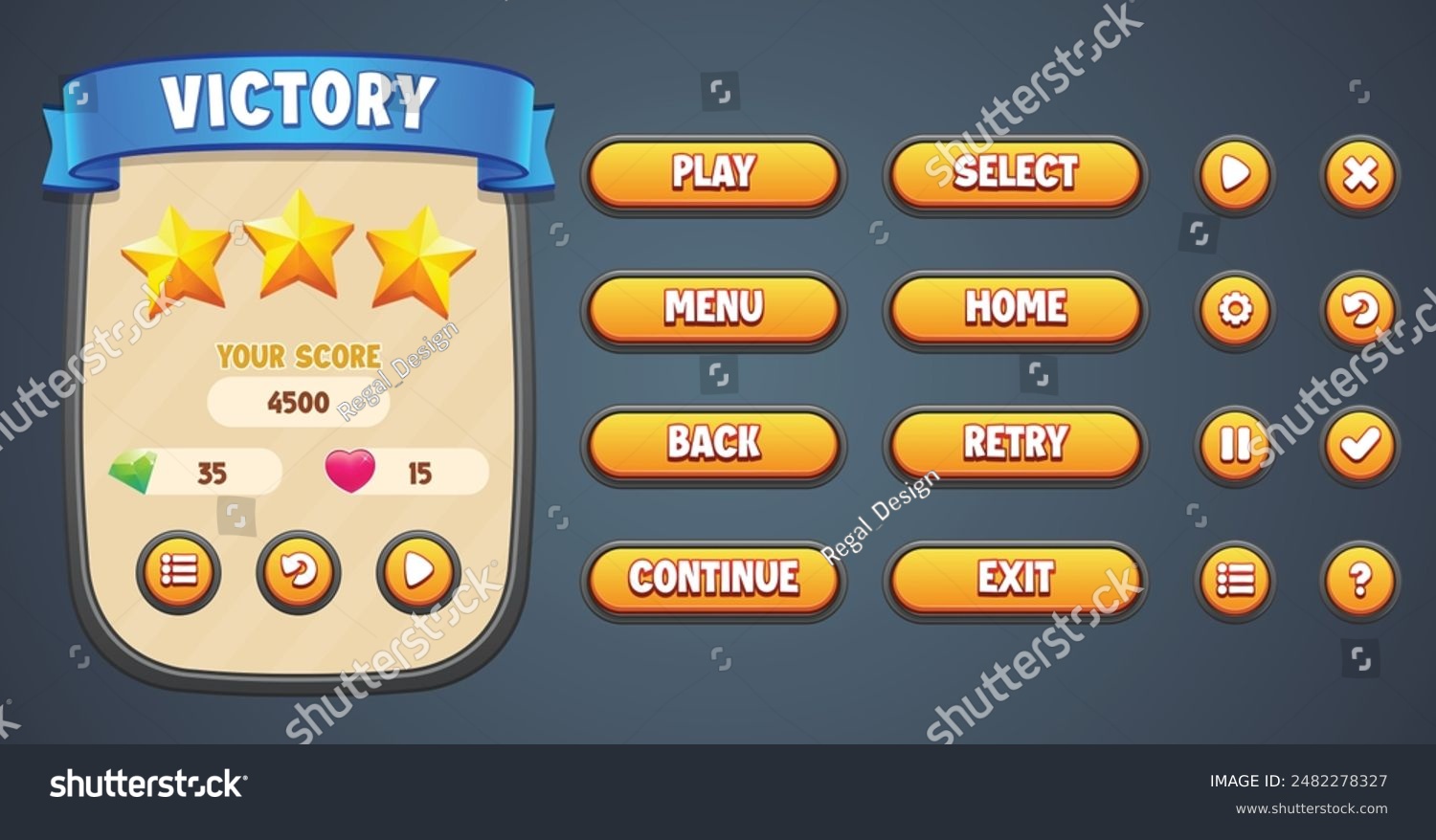 Vector yellow theme premium game UI kit. Set of victory menu scene pop up icons and buttons with ...