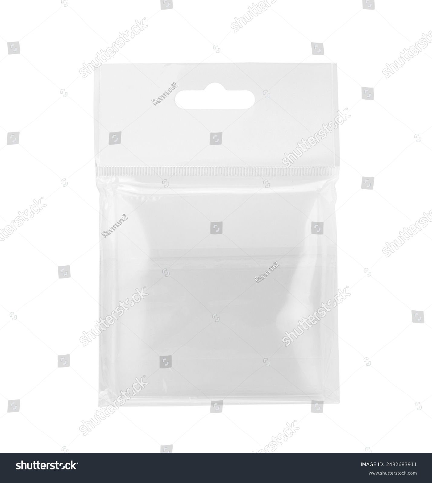 Empty clear plastic pouch bag with white blank paper top and hanging ...