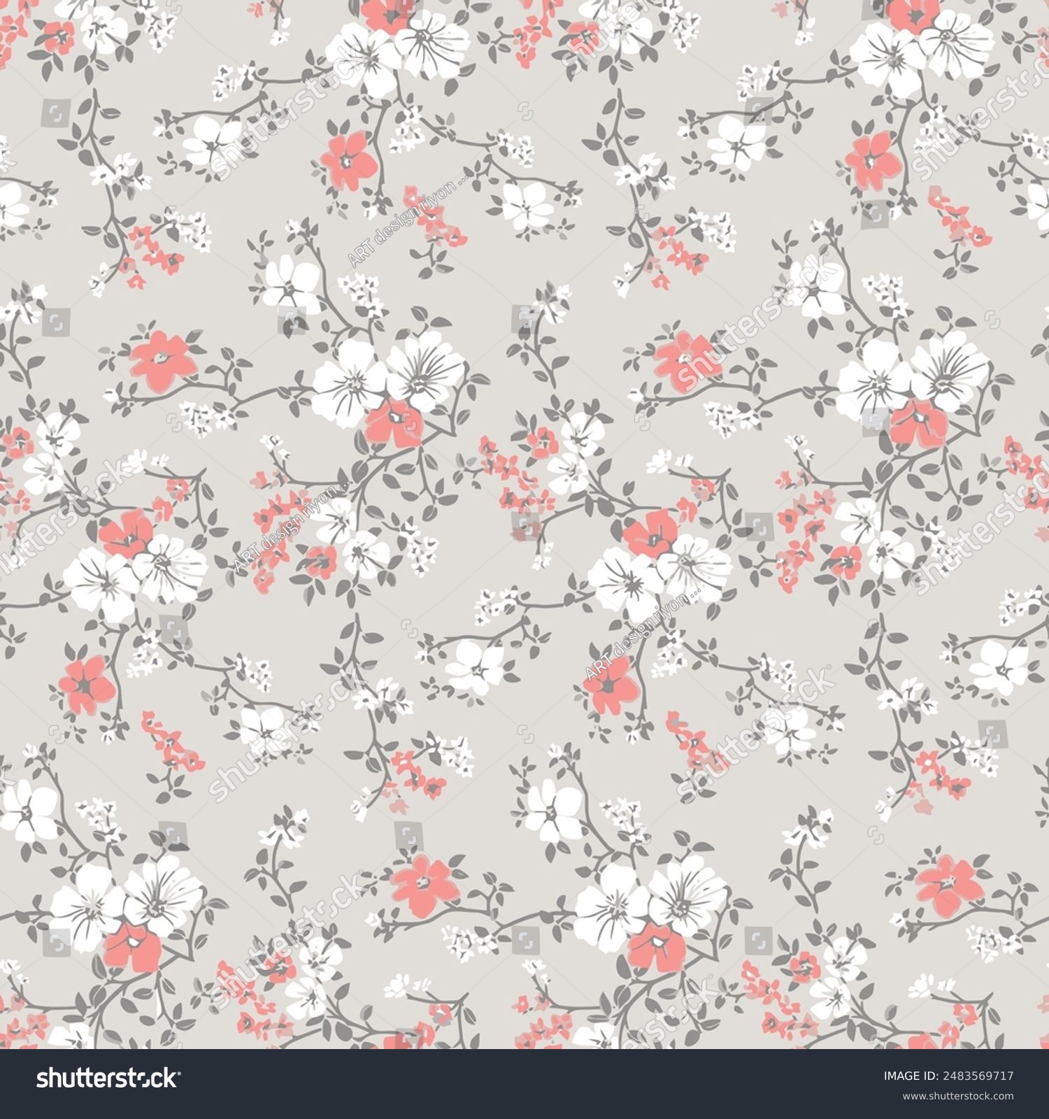 textile design art little red beige grey flowers leafs branch abstract ...