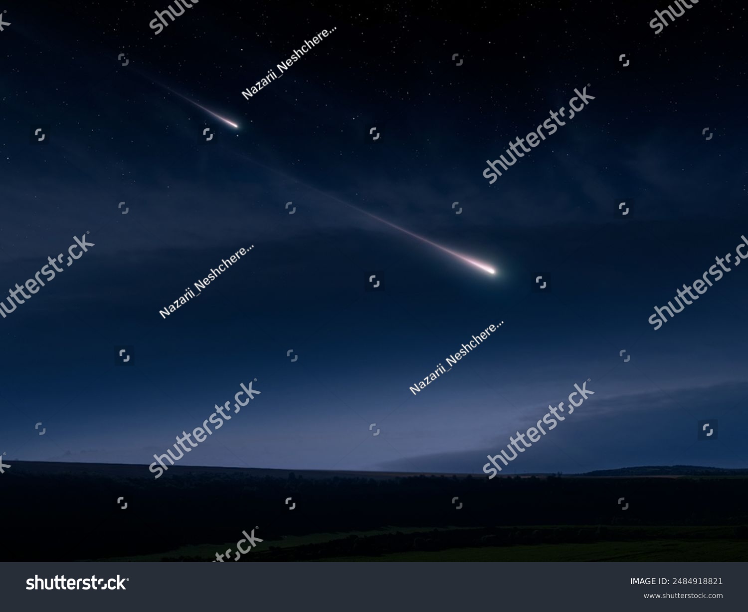 Shooting stars glow in the atmosphere. Meteors at night celestial ...