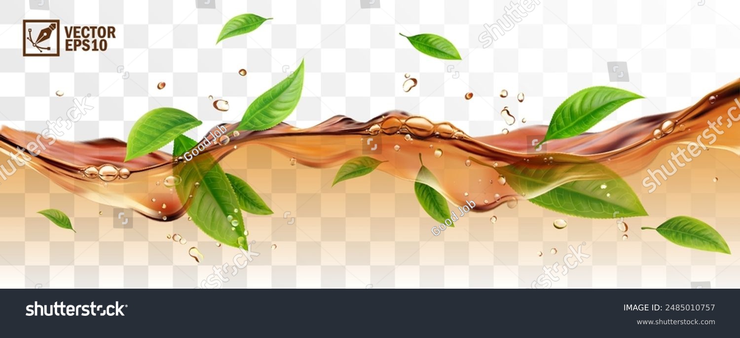 Realistic transparent isolated vector splash of tea with green leaves ...