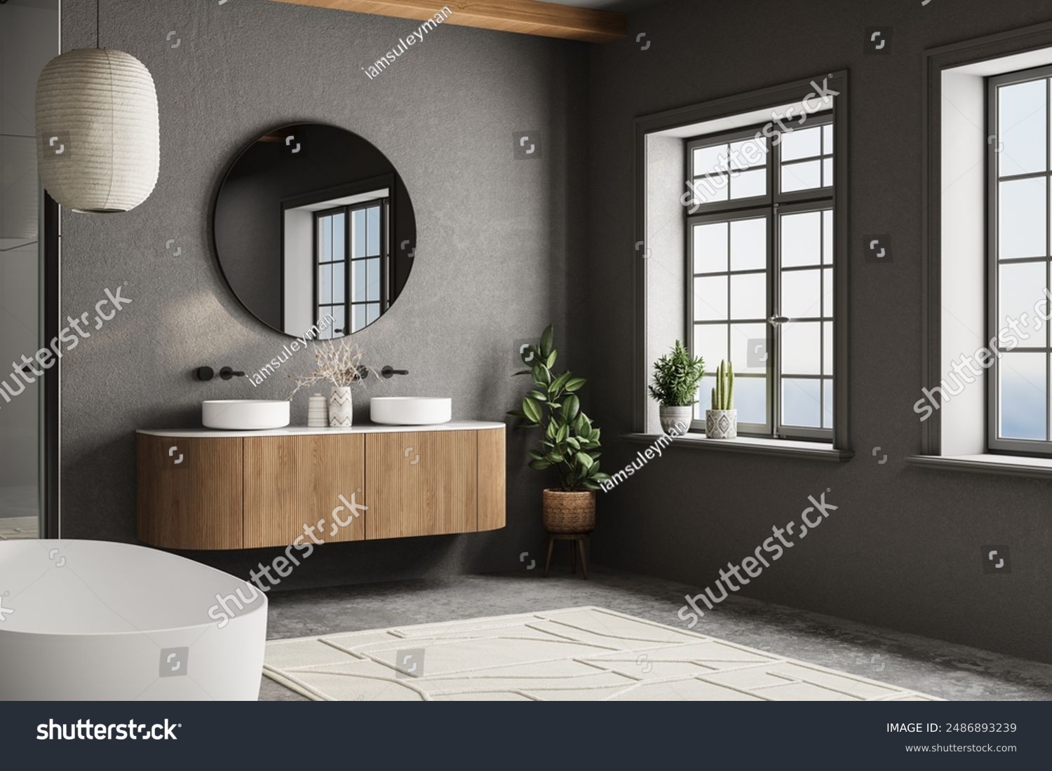 Modern bathroom design with a large mirror and two sinks. The mirror is surrounded by a wooden ...
