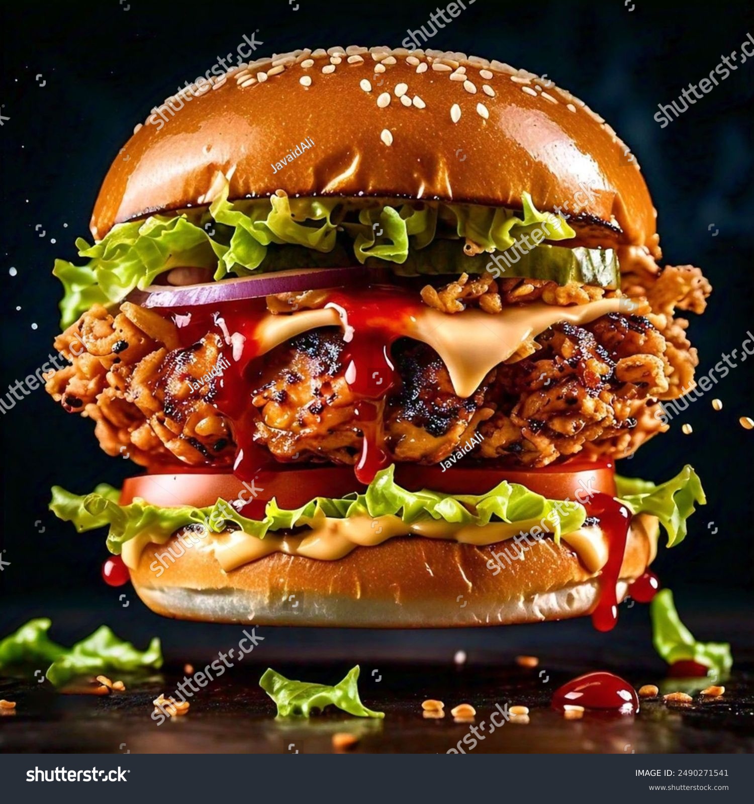 A zesty chicken zinger burger captured mid-air featuring a spicy crispy ...