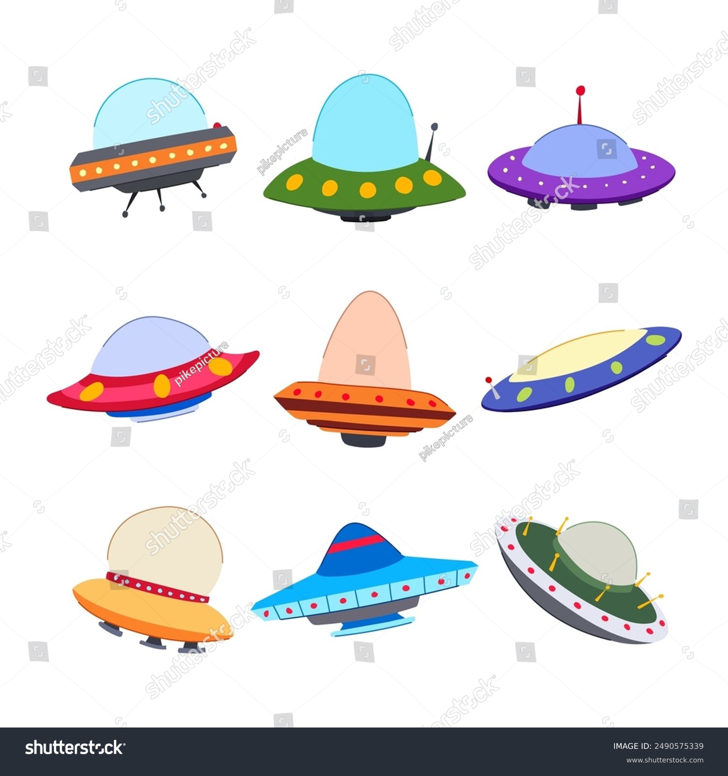 ufo ship set cartoon. saucer flying space space beam fantasy ufo ship sign. isolated symbol ...