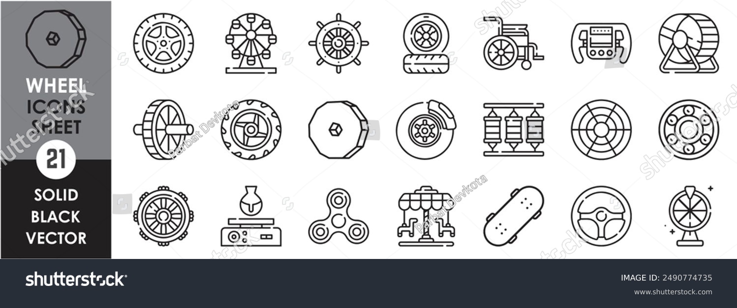 A set of line icons related to wheel. Wheel circle wheelchair amusement ...