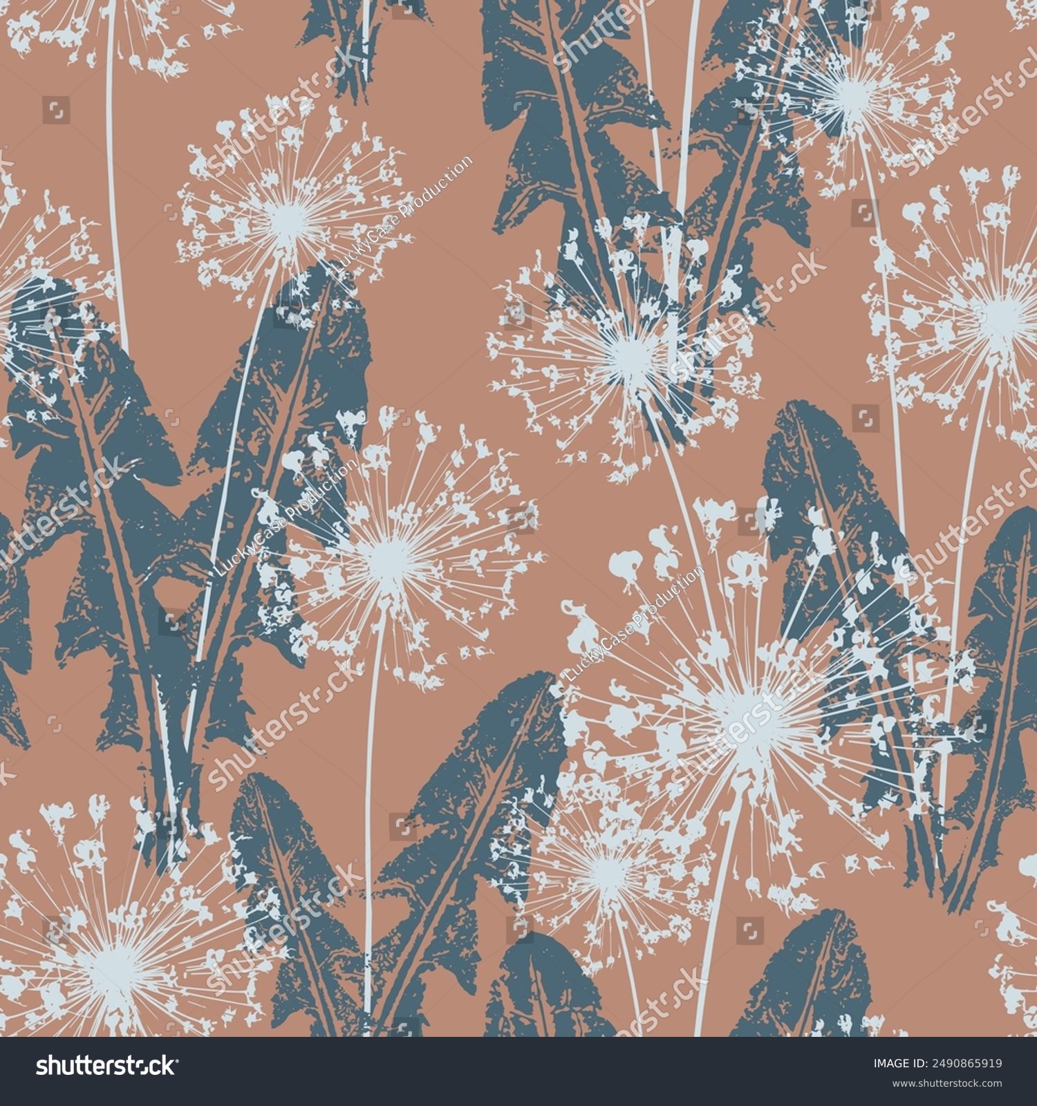 Light dandelions with dark leaves. Seamless pattern in pastel retro ...