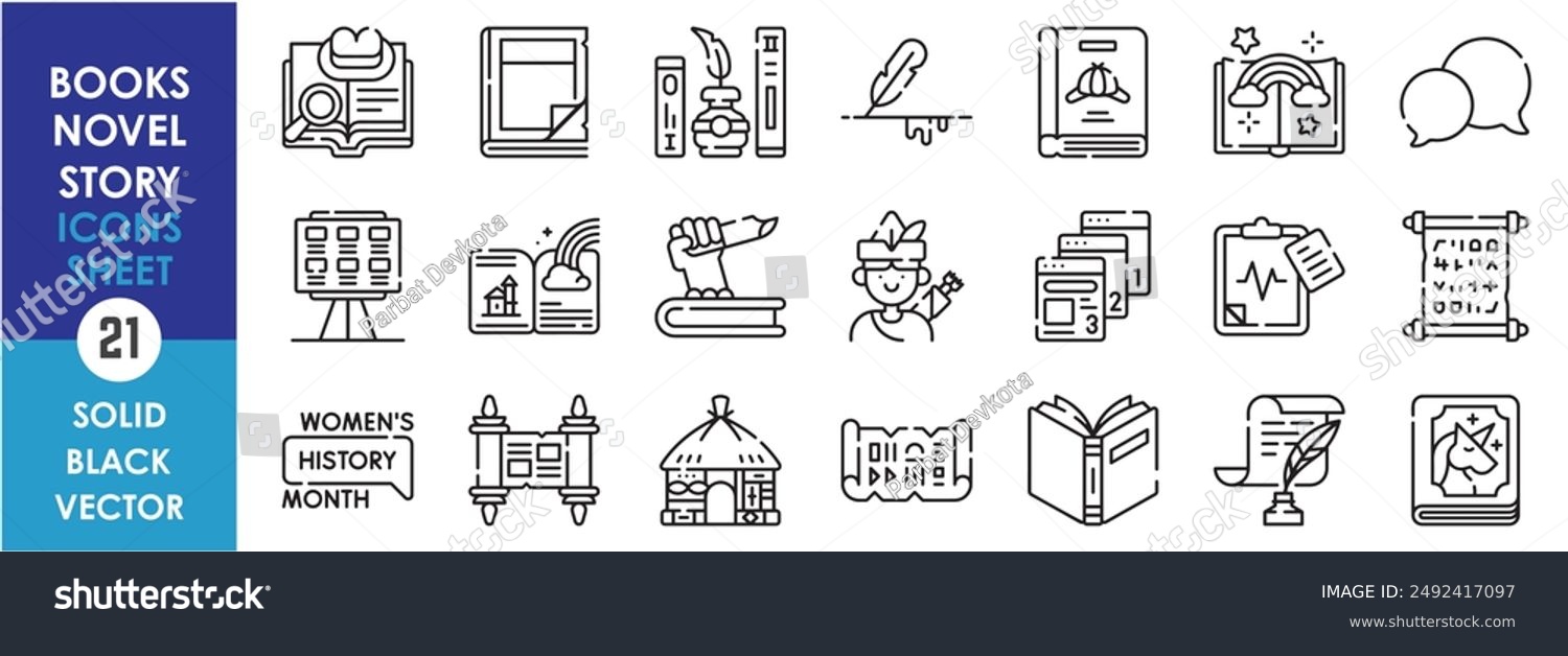 A set of line icons related to books novel and story. Books novel ...
