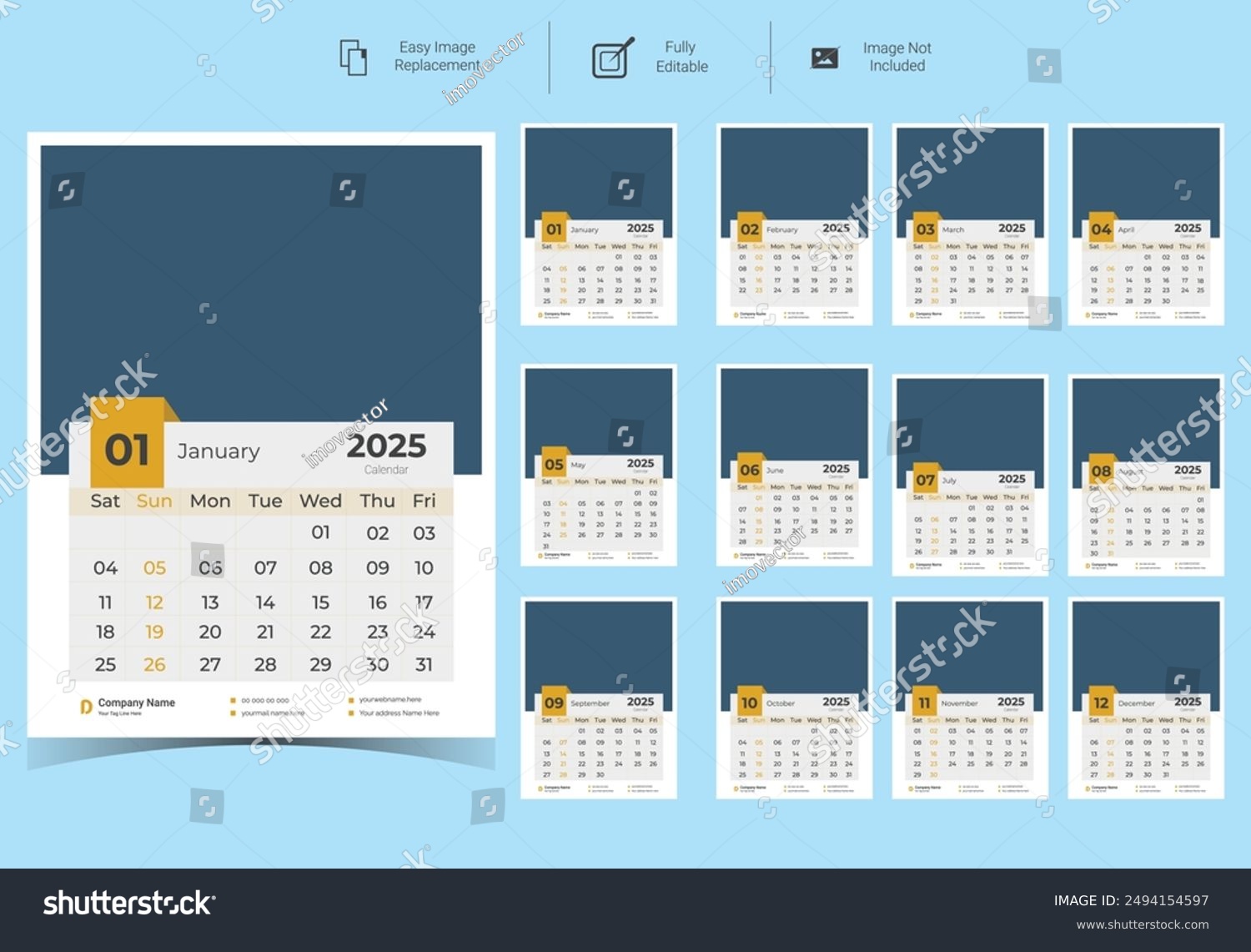 Corporate Wall Calendar Template Design for 2025.Set of 12 pages ...