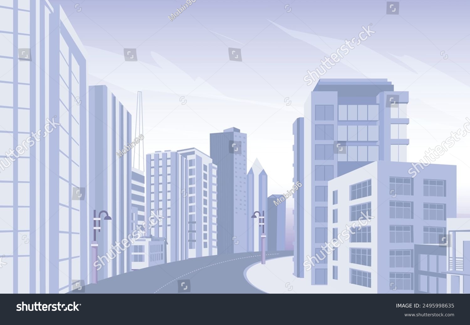 Light gray monotone cityscape background. City buildings with road and ...