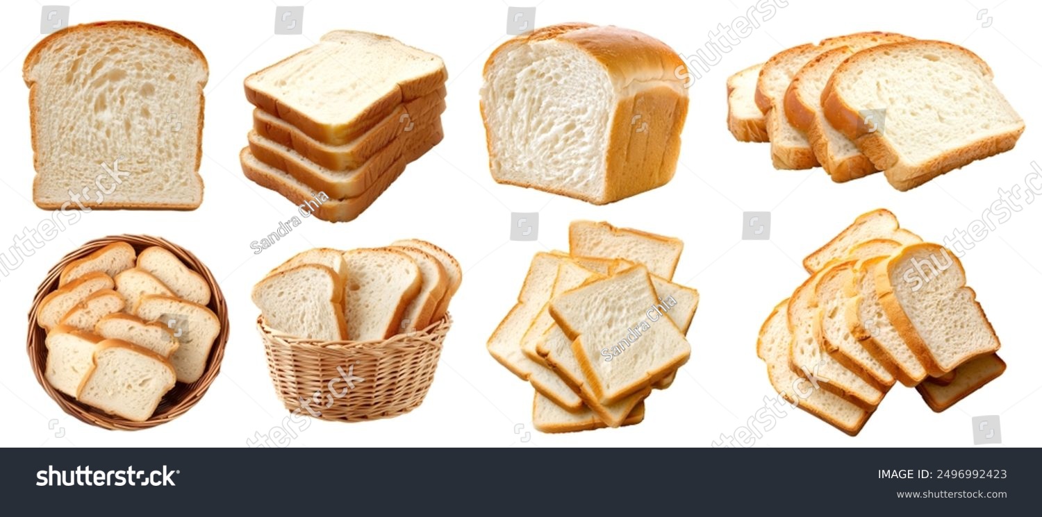 White bread bun loaf slice isolated. Many assorted different angles ...