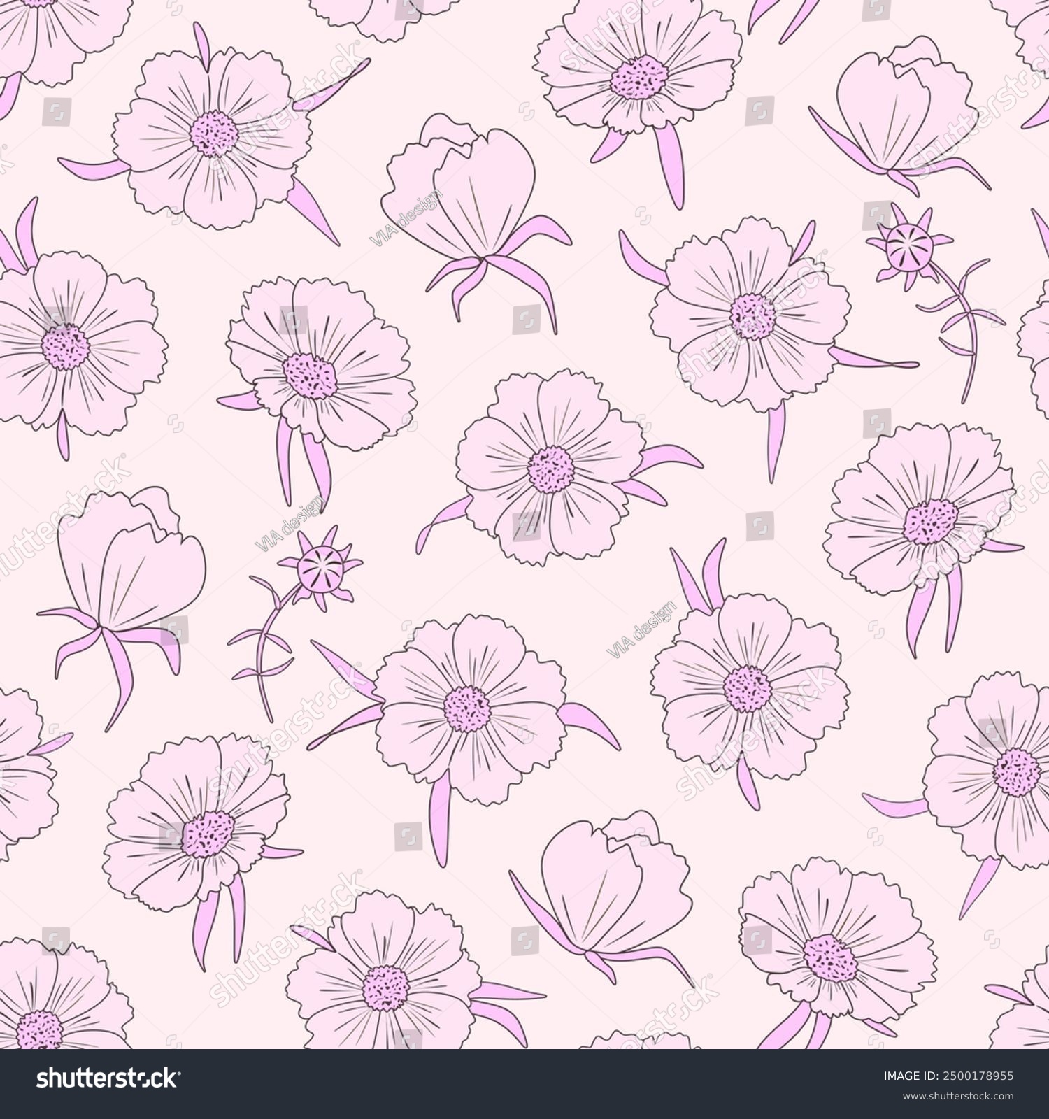 Vector illustration. Seamless pattern of pastel purple flowers on a ...