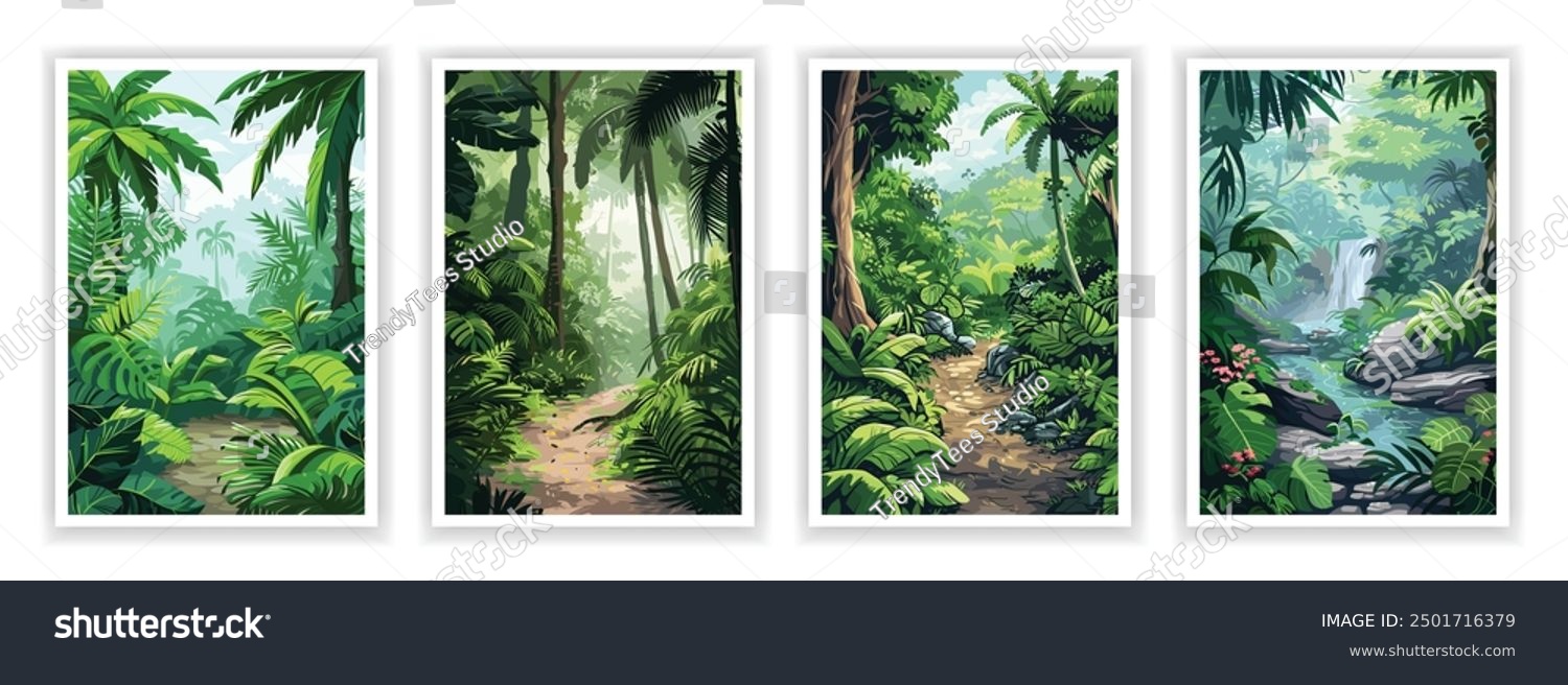 Vector illustration. Flat rainforest landscape with misty backgrounds dense foliage and towering ...