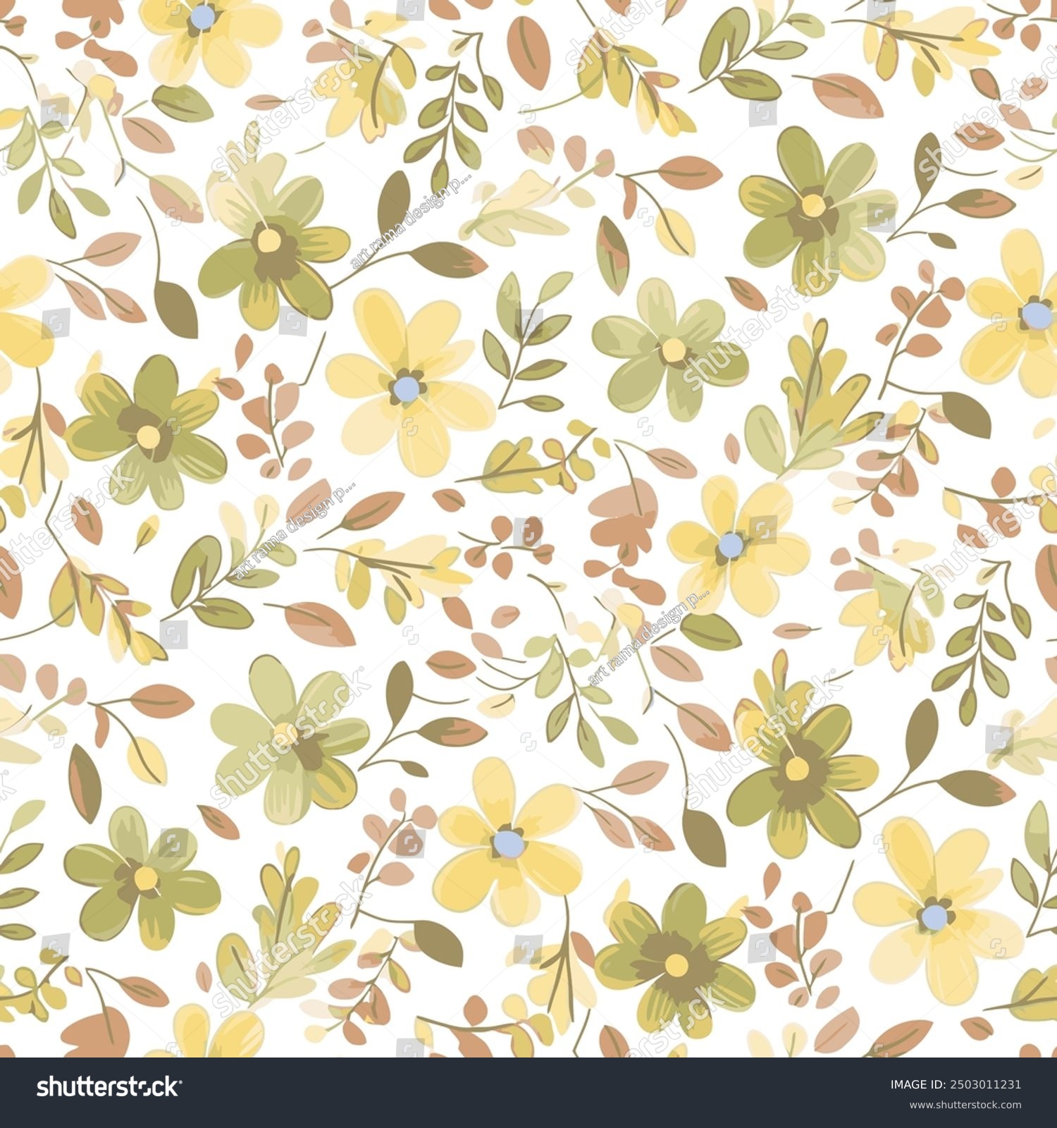 summer yellow green small flower leaf art textile design pattern ...