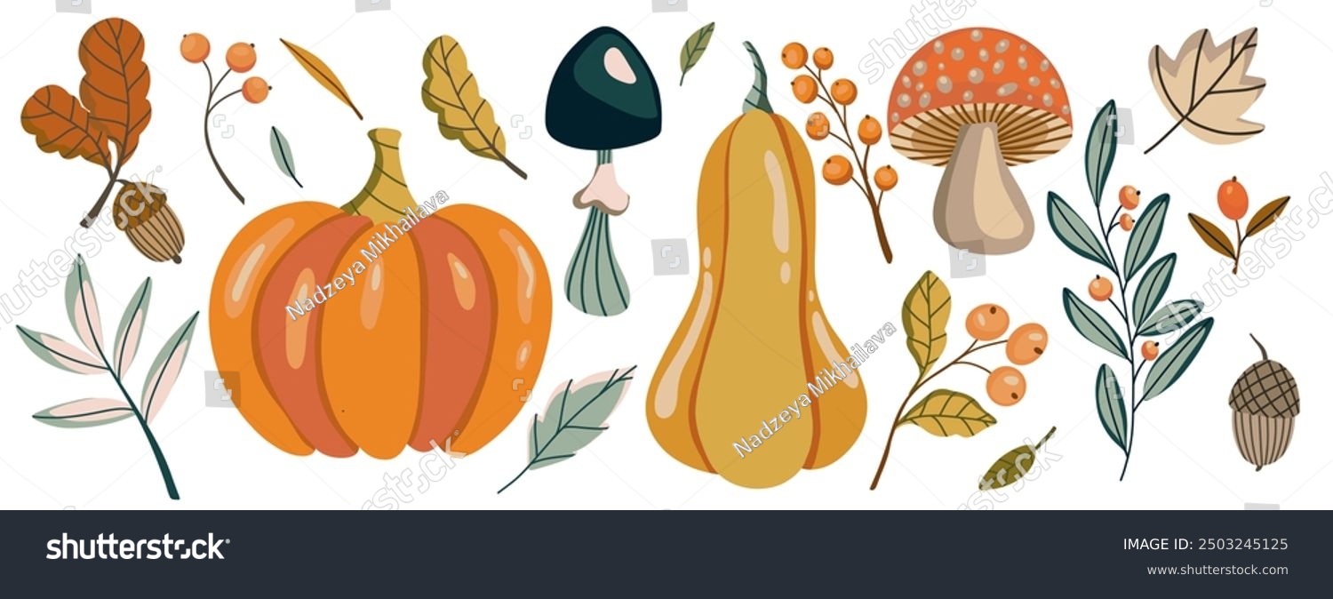 Vector flat autumn harvest themed illustration with pumpkins squash ...