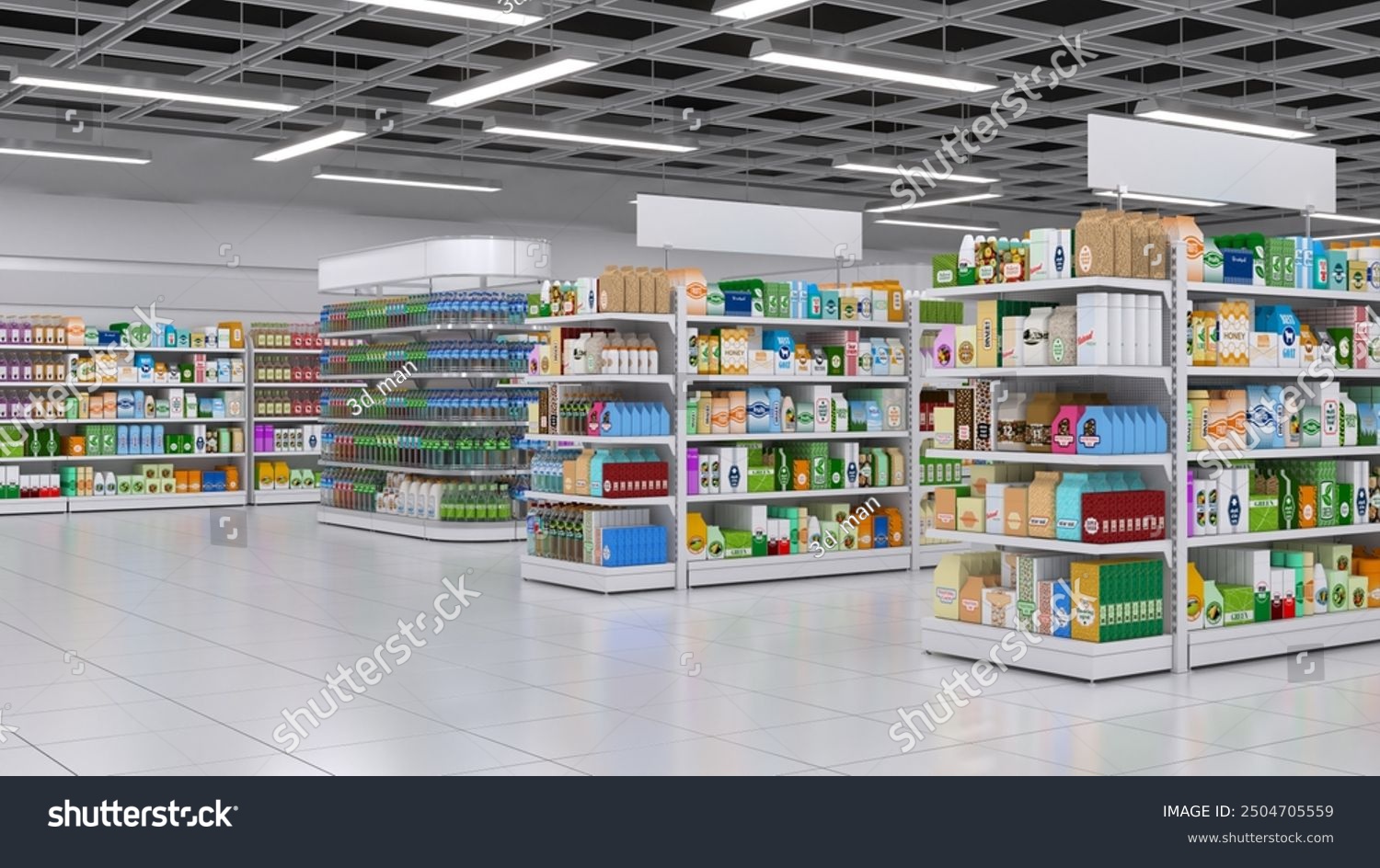 Supermarket interior mockup with shelving display of goods. 3d ...