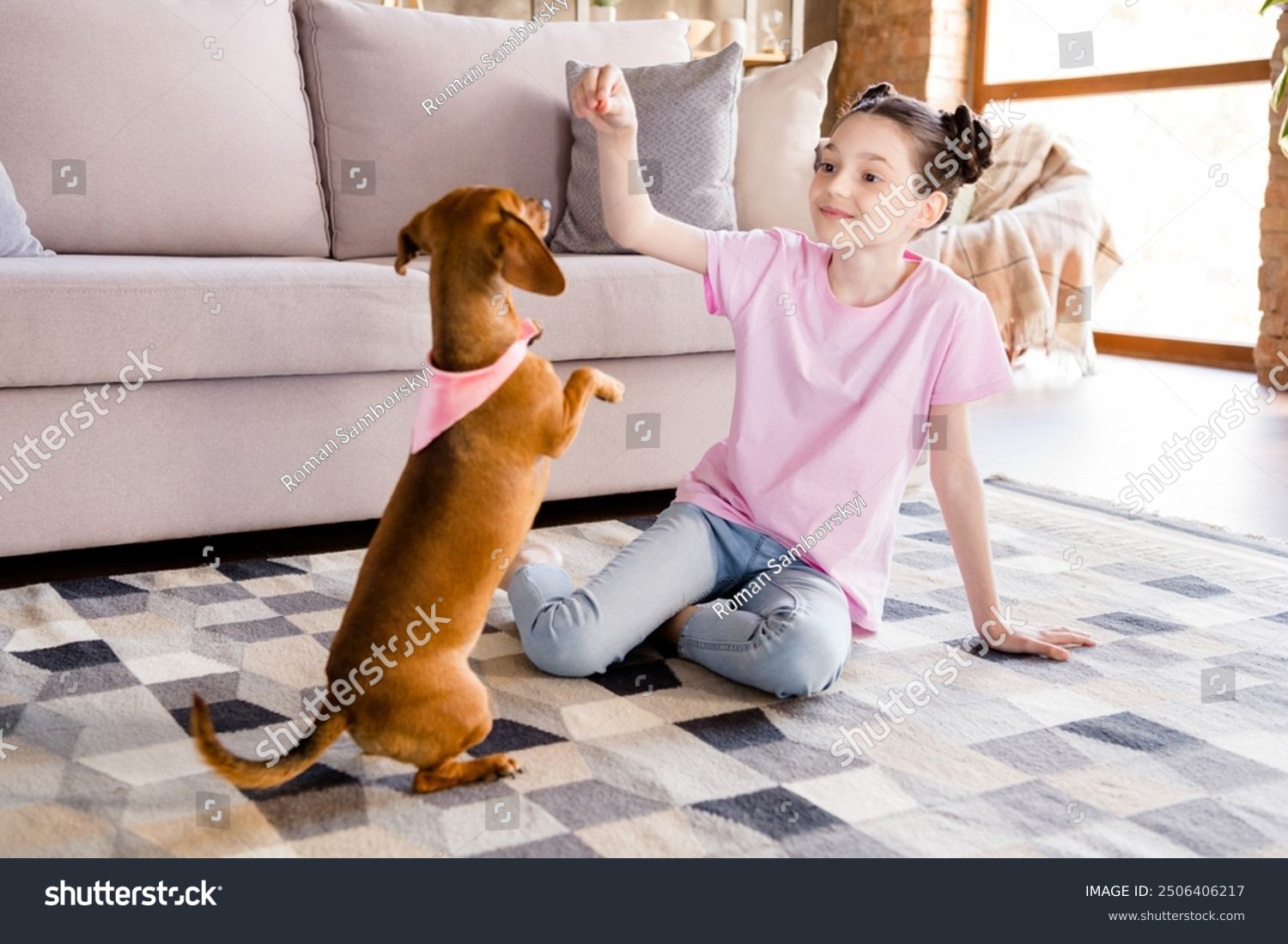 Portrait of attractive cheery funny preteen girl playing with doggy teaching puppy having fun at ...
