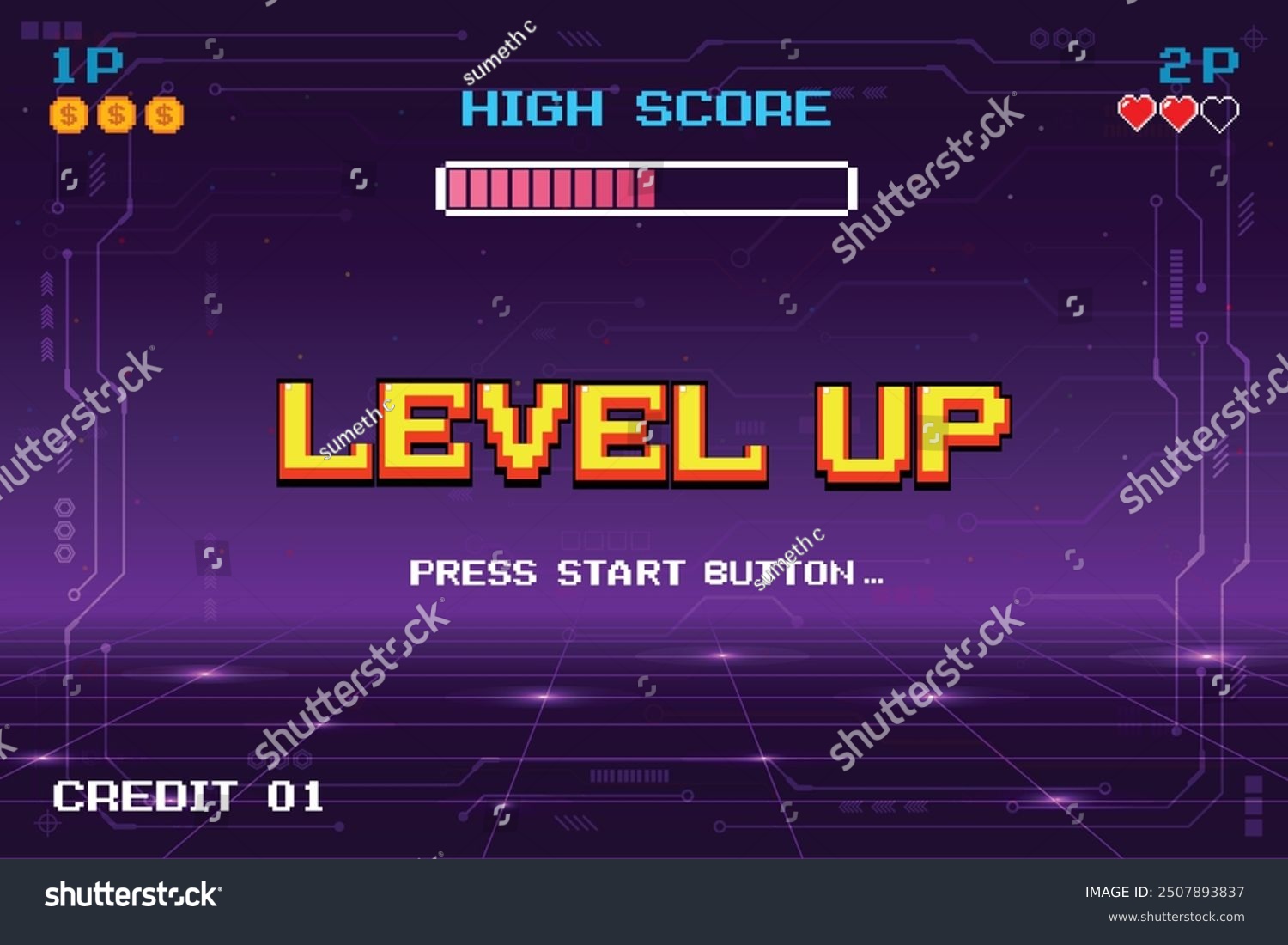 LEVEL UP. pixel art .8 bit game. retro video game. for game assets. Retro Futurism Sci-Fi ...