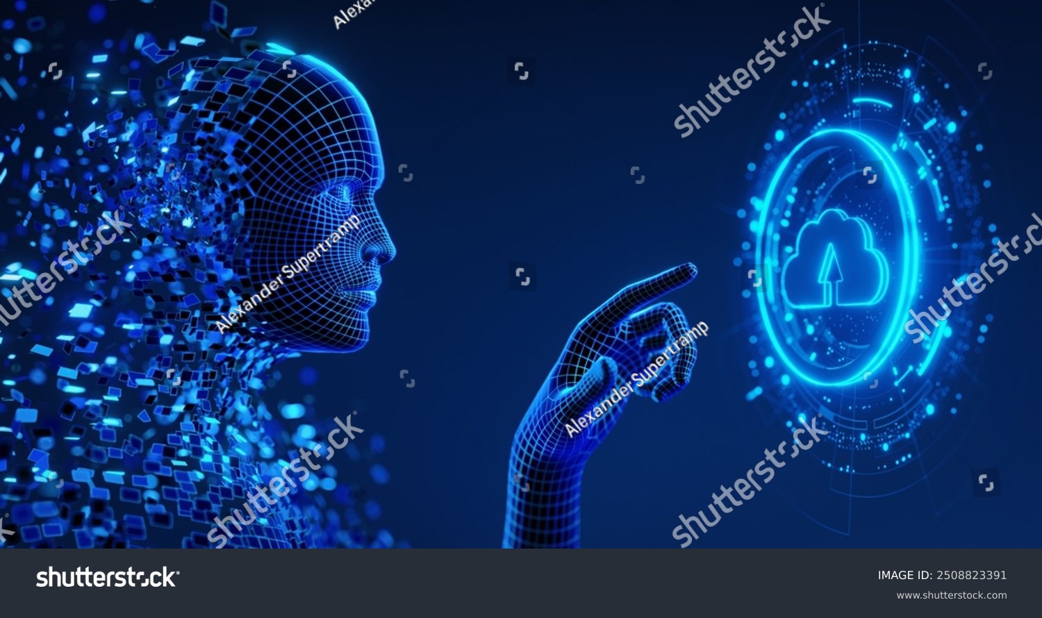 Human Digital Avatar as a Symbol of AI presses a virtual button on ...