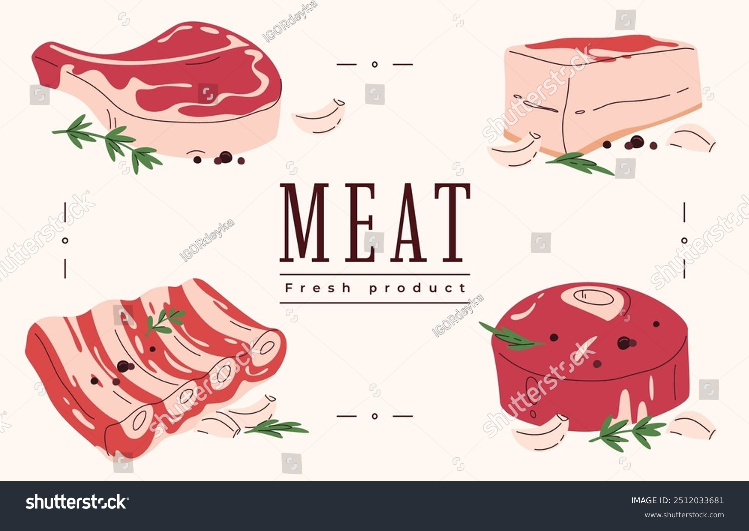 A set of fresh meat with seasonings. Different parts of animal meat beef and pork. Vector ...