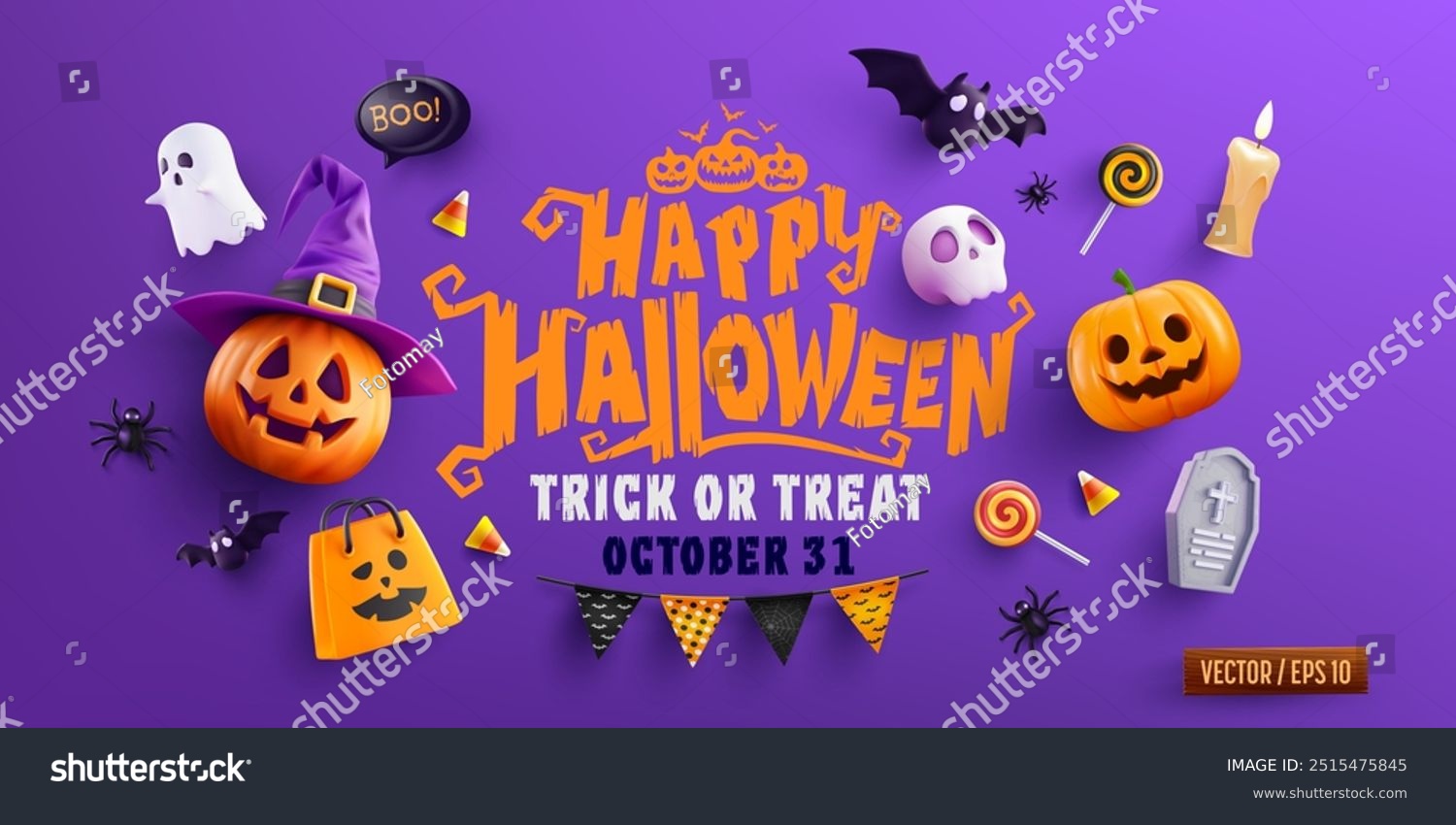 Halloween Trick or Treat with Pumpkin Jack-O'-Lantern Witch Hat Ghost ...