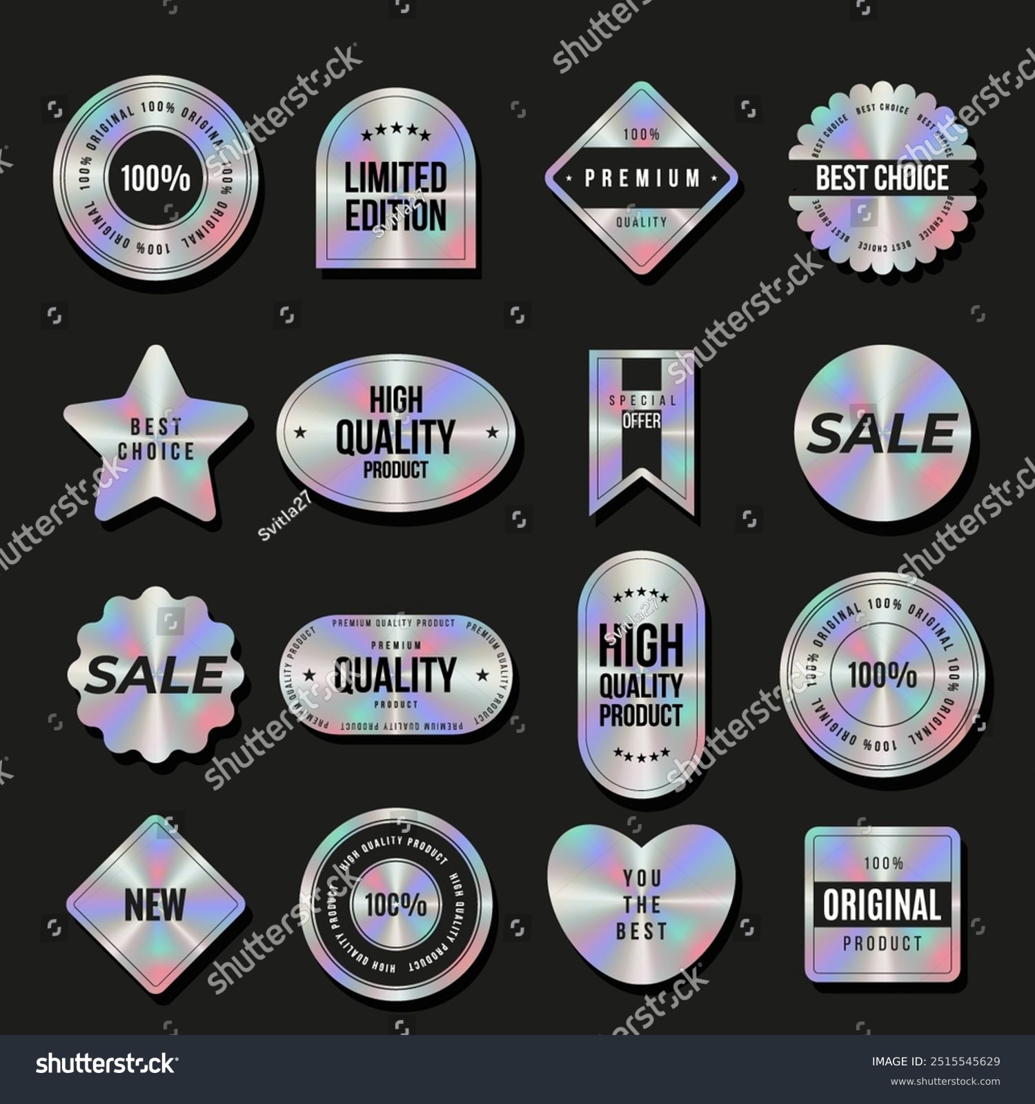 Set of holographic sticker label templates. Shiny rainbow emblem ...
