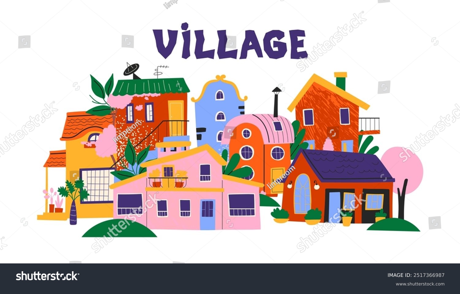 Cartoon village architectural houses urban composition in 90s doodle ...