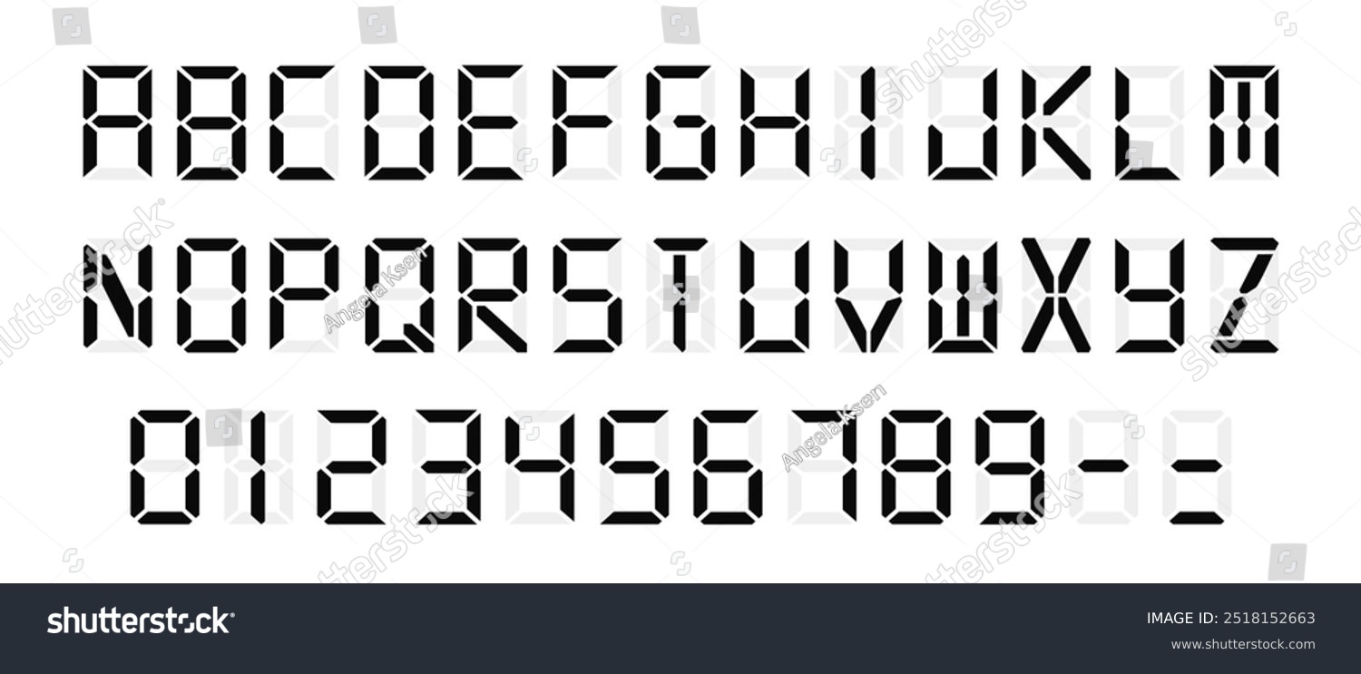 Digital Display Font with Alarm Clock Letters Black Electronic Alphabet ...