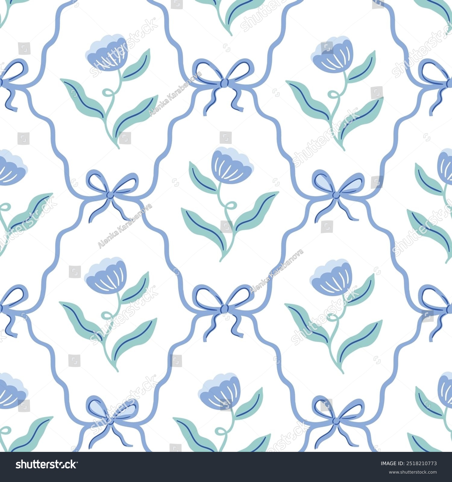 Vector cute coquette floral seamless pattern. Preppy blue ribbon bow ...