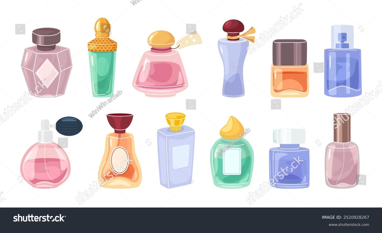 Cartoon perfume bottles. Aroma water fragrant essences glass bottle ...
