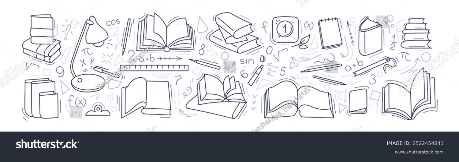Mathematics doodle set school education and open books. Scientific ...