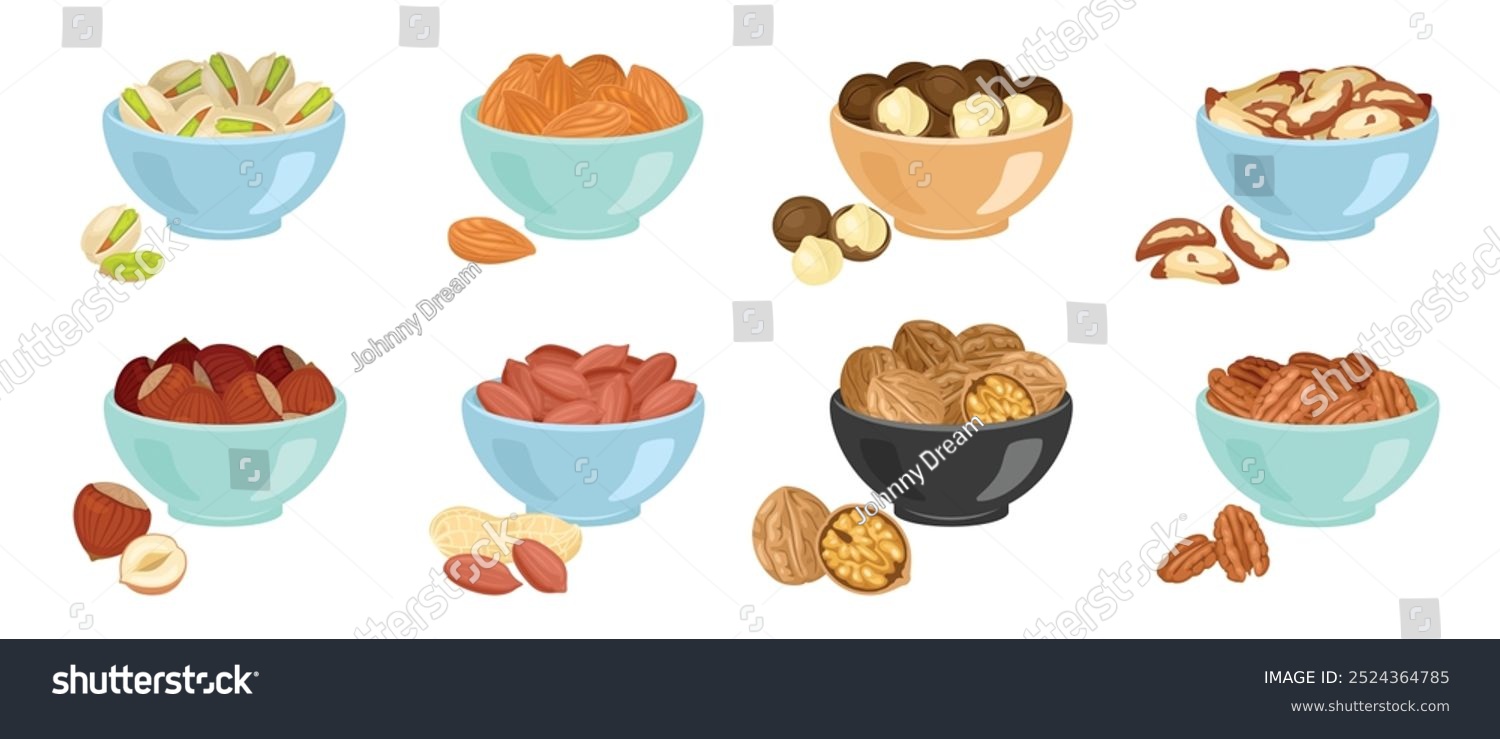 Set of nuts in bowls. Almond macadamia brazil nut hazelnut peanut walnut pecan and pistachio ...