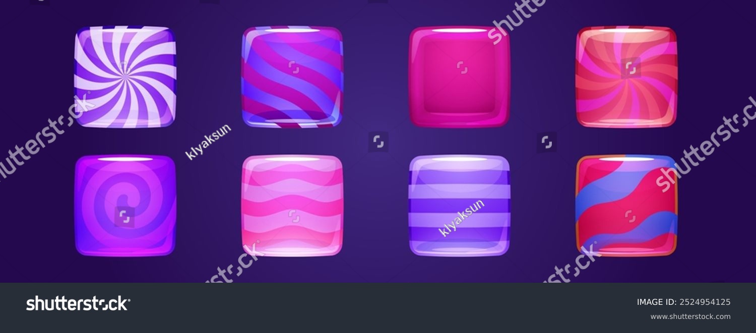 Pink and purple square caramel candies. Cartoon vector illustration set ...