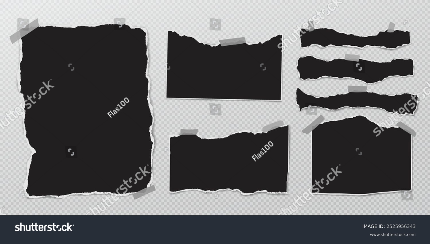 Set of torn black note paper pieces with sticky tape are on transparent ...