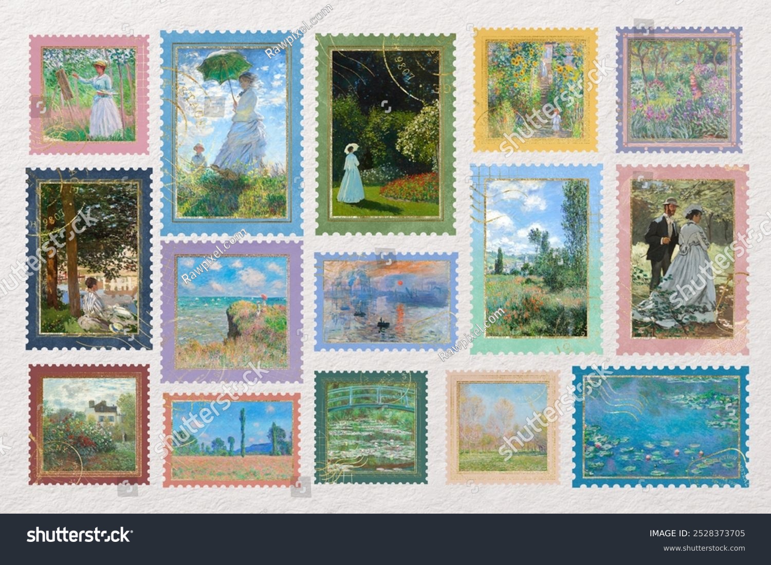 Claude Monet's art postage stamp set. Claude Monet's ephemera postage ...
