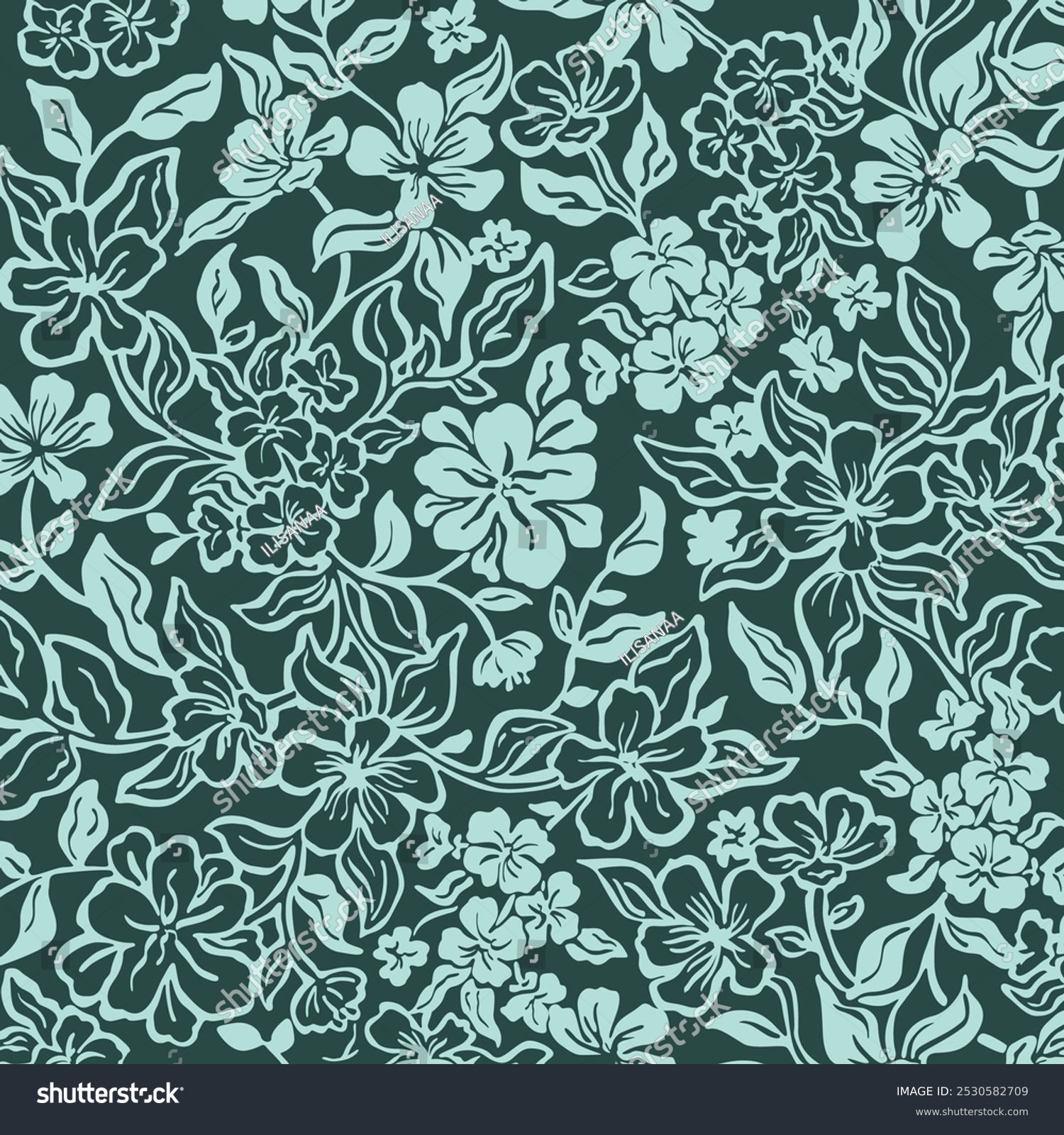 Abstract Hand Drawn Two Color Flowers and Leaves Seamless Vector ...