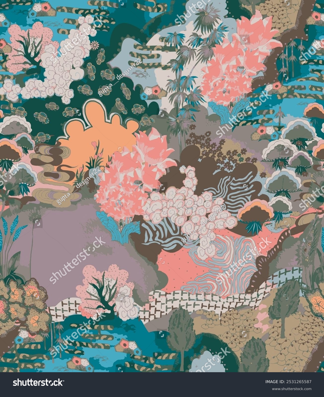 The image features a painting of a landscape showcasing elements of ...