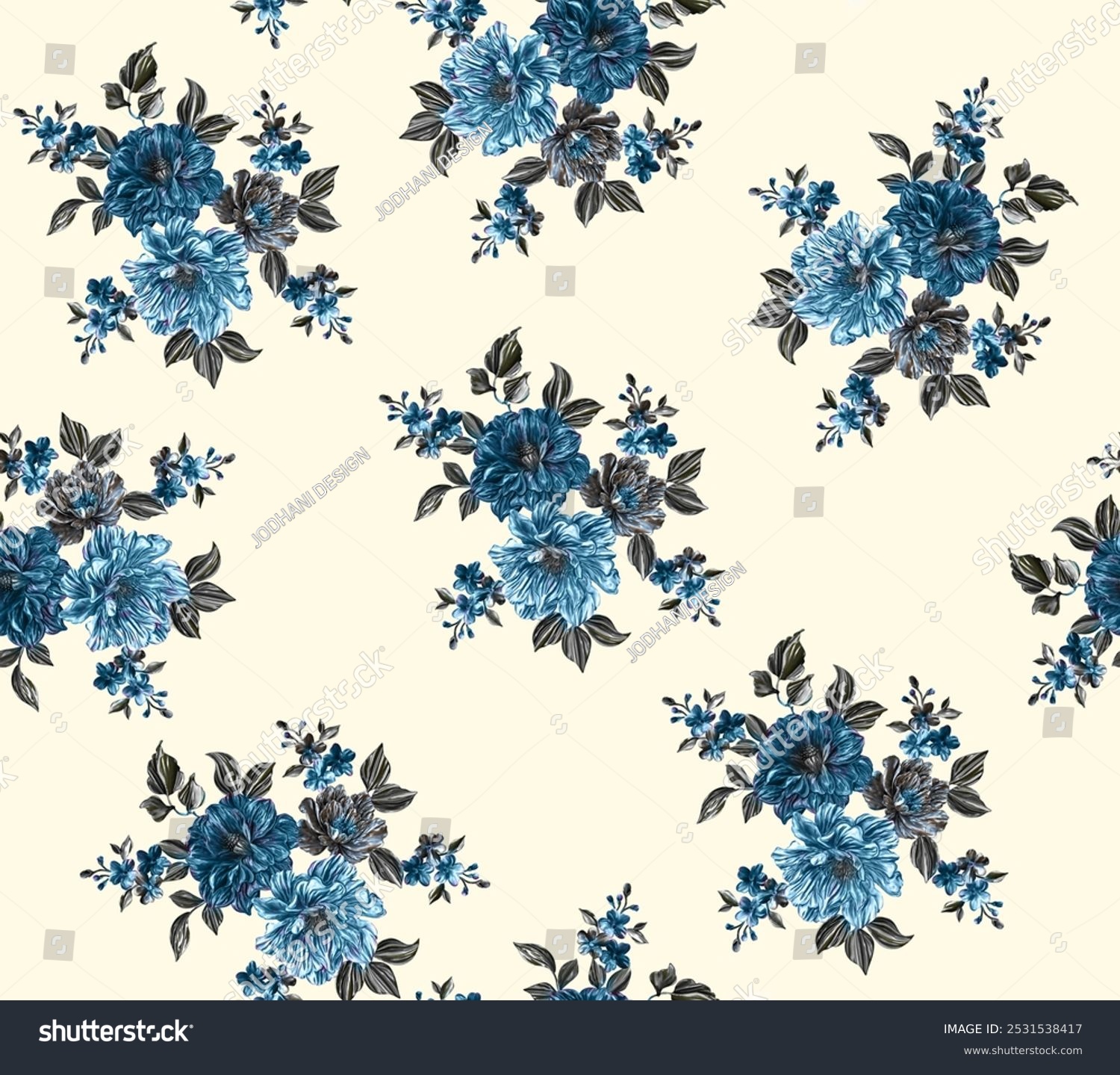 Blue Roses Sweet Sprigs Cream Cotton Quilting Fabric_站酷海洛_正版图片_视频_字体_音乐 ...