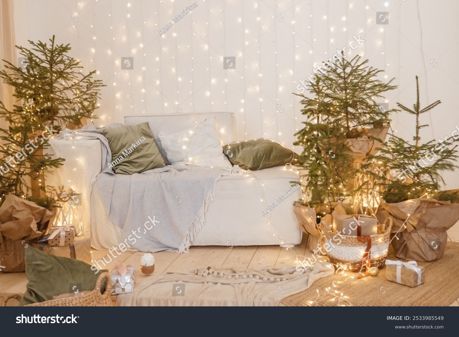 Interior bedrooms in Scandinavian style decorated for the Christmas ...