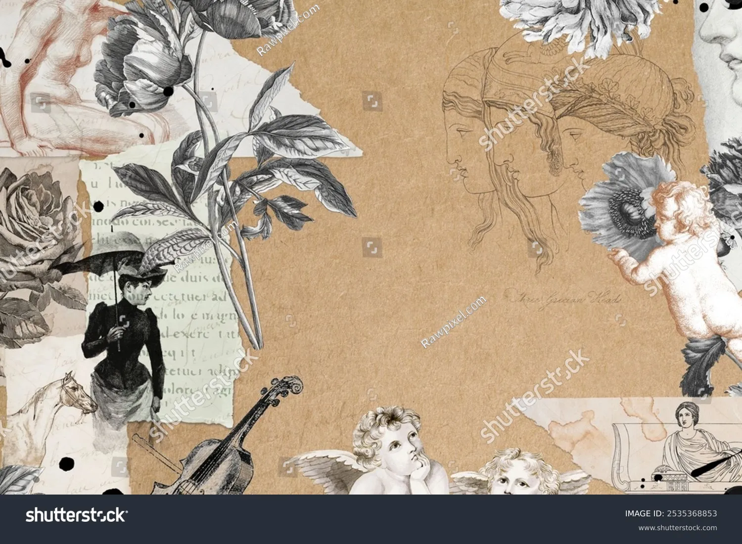 Vintage collage with classical art flowers and cherubs. Features ...