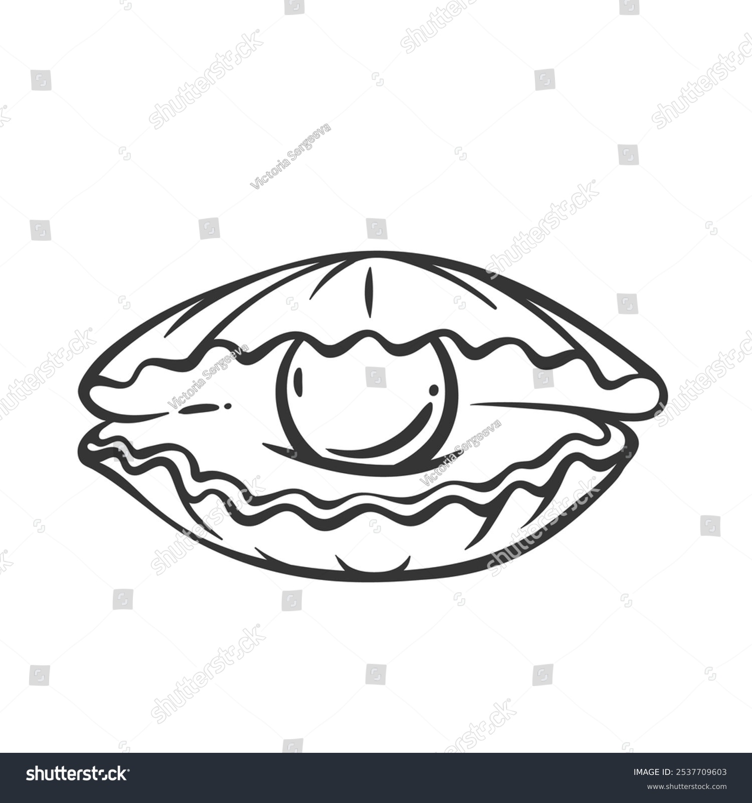 Sea shell with half open valves and pearl line icon. Outline hand drawn ...