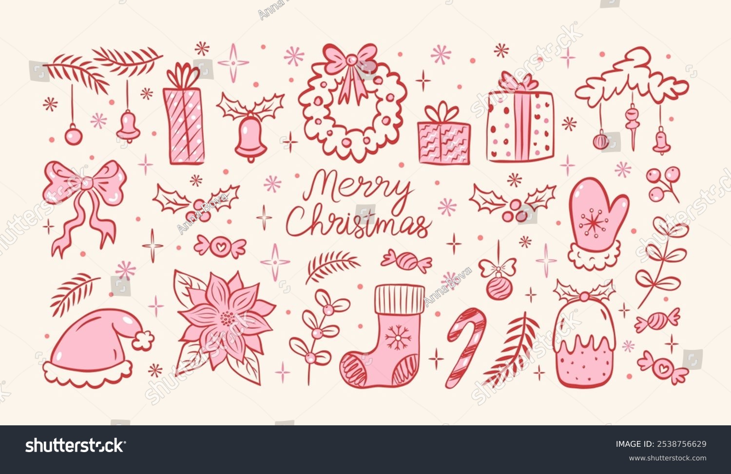 Hand drawn Merry Christmas doodle icons set. Vintage ink drawings sketch style. Christmas tree ...