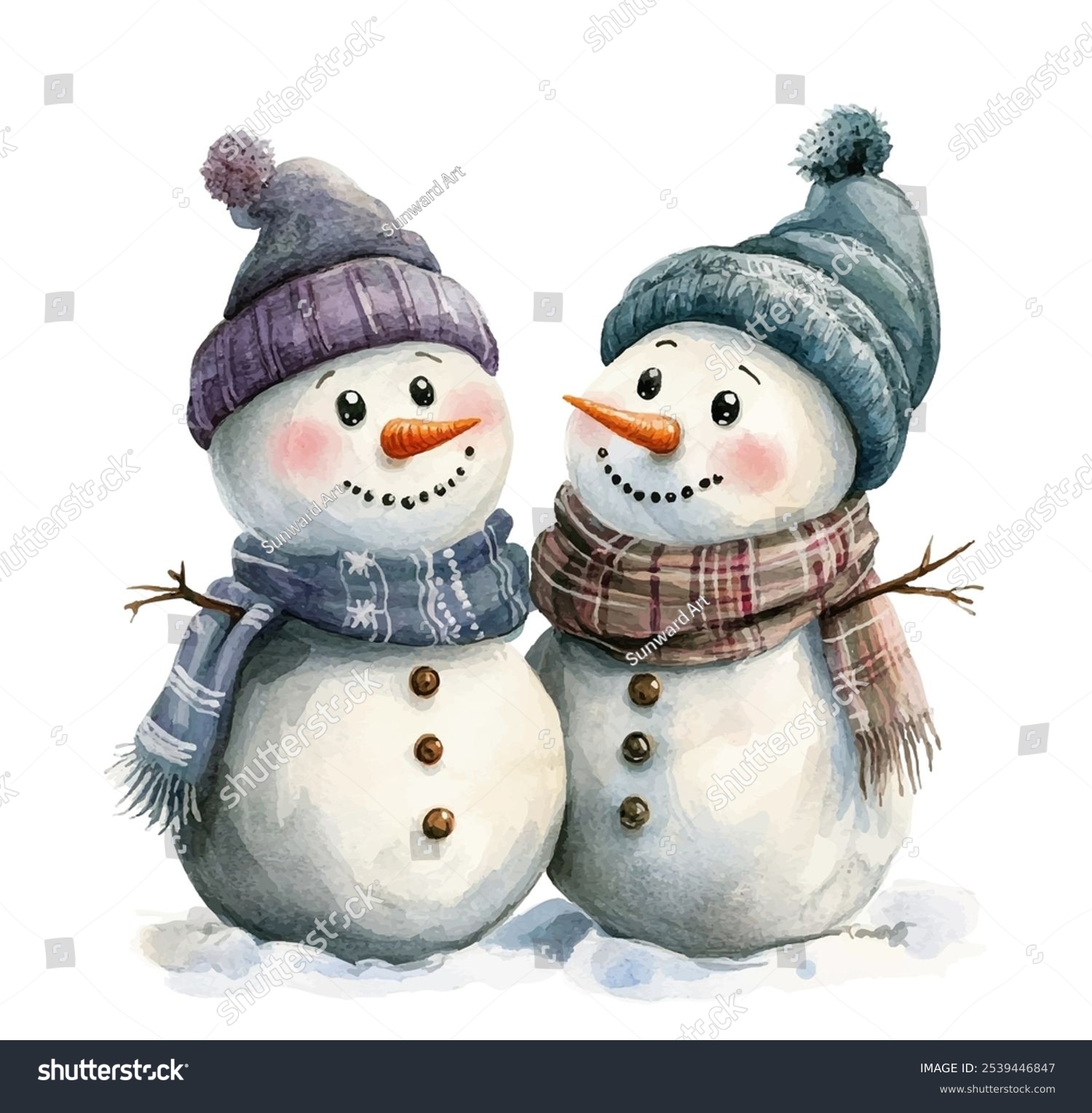 Two cute snowmen standing together in snow. Cozy winter accessories: knitted hats and scarves in ...