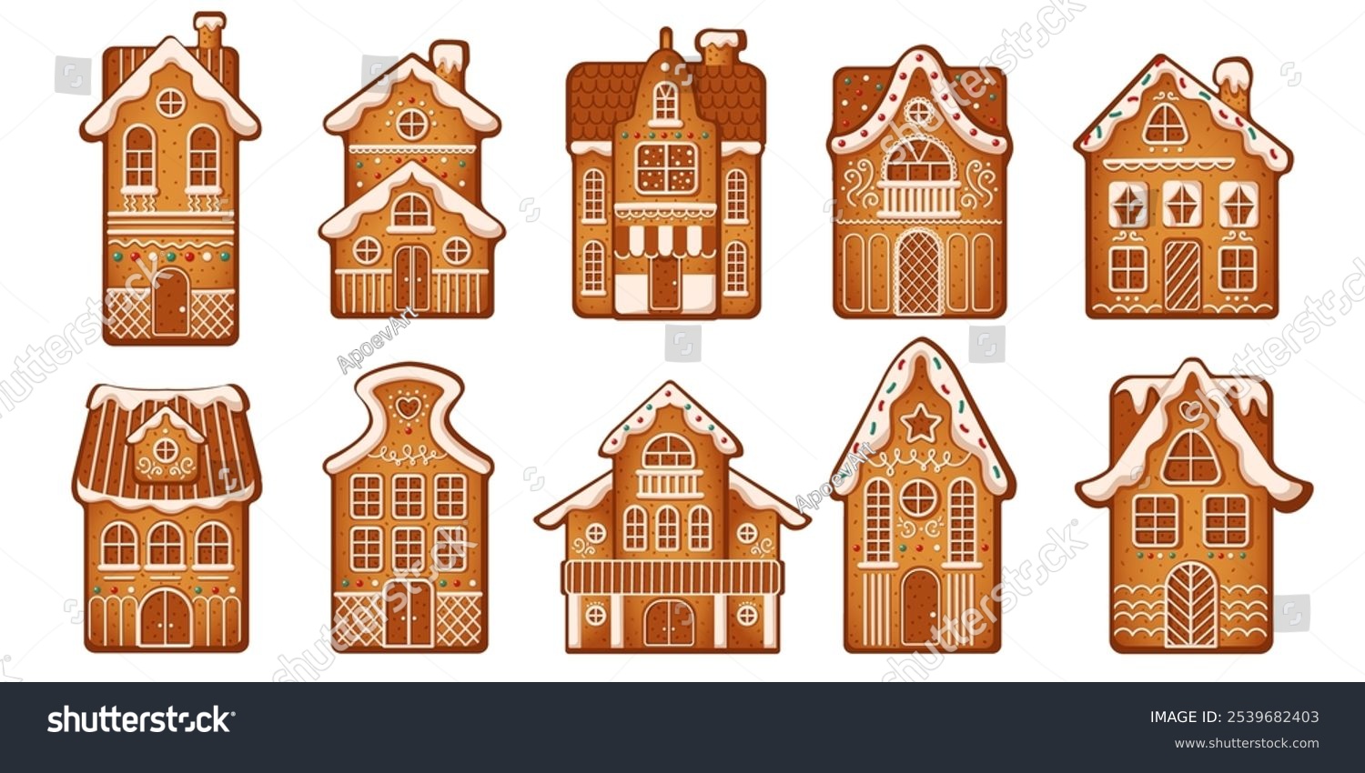 Handmade gingerbread houses with icing flat color vector objects set ...